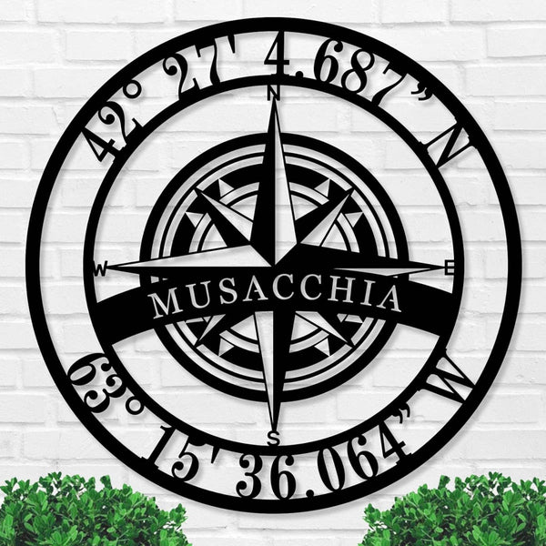 Custom Metal Compass Sign with Coordinates – Personalized Steel Wall ...
