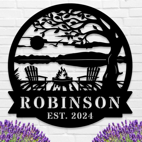 Custom Lakehouse Metal Sign with Firepit Design – Personalized Steel ...